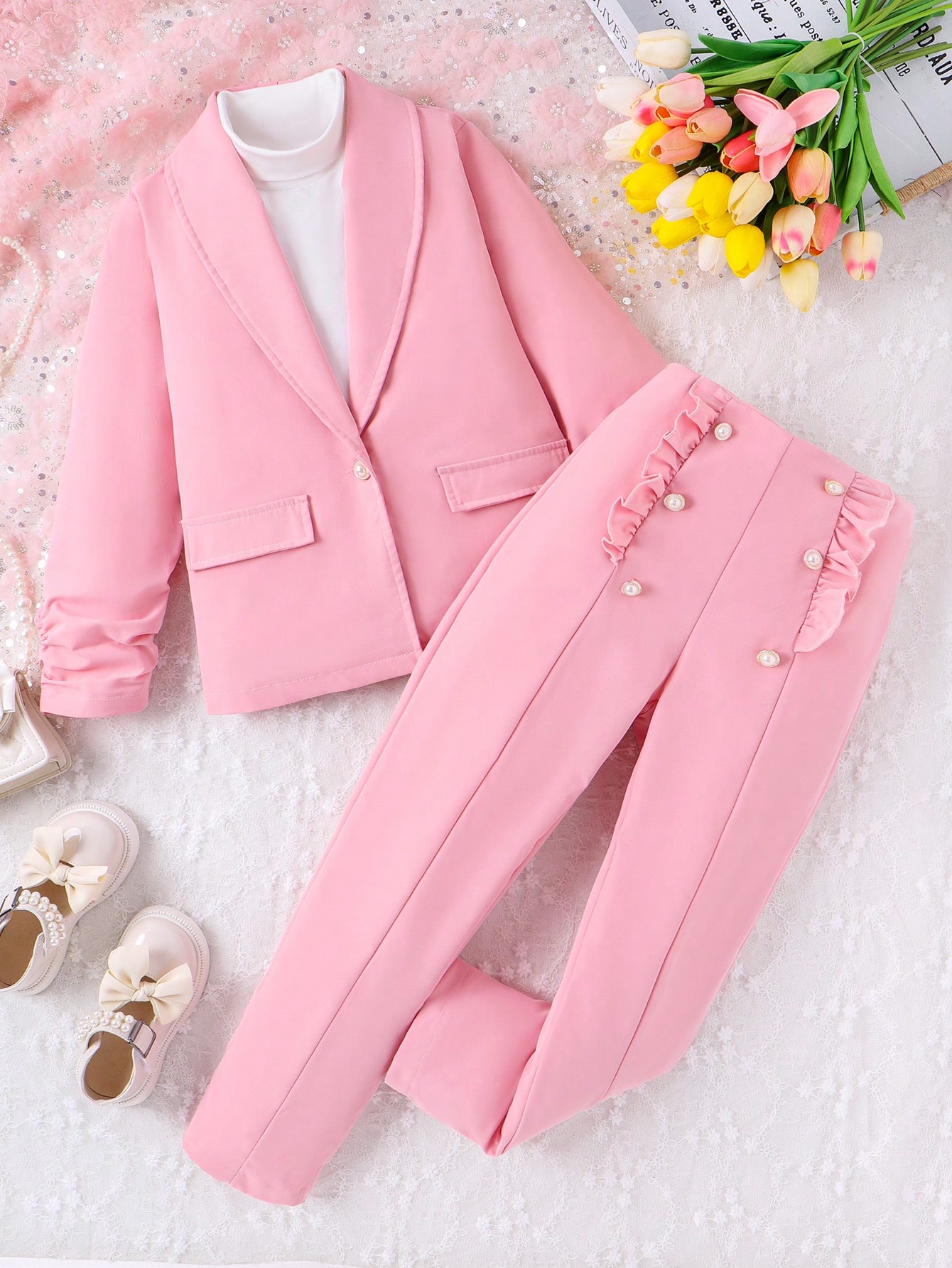 SHEIN Tween Girls' Single Button Lapel Patchwork Suit Pants 2pcs Outfit ...