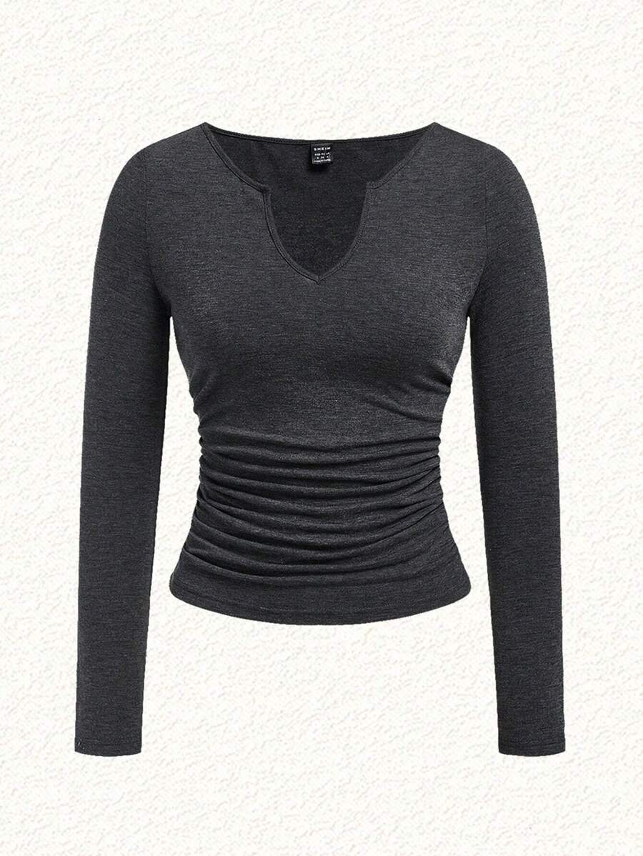 SHEIN EZwear Summer Outfits Notched Neckline Ruched Tee | SHEIN USA