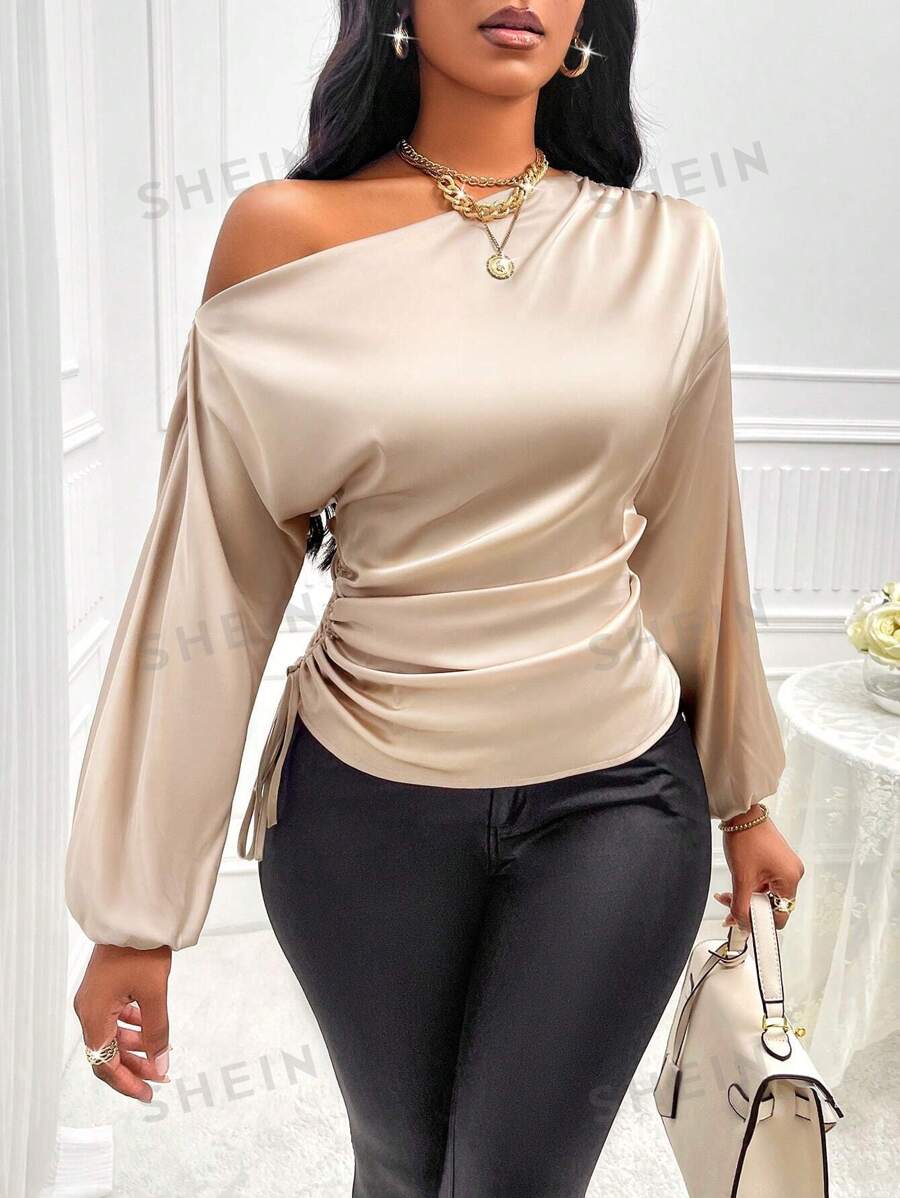 SHEIN Slayr Asymmetrical Neck Drawstring Side Satin Blouse | SHEIN USA