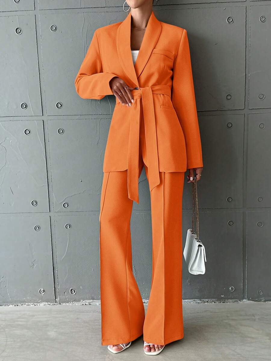 EURMUSE Damen Einfarbiger Anzug Mit Gürtel Jacke Und Hose Set ...