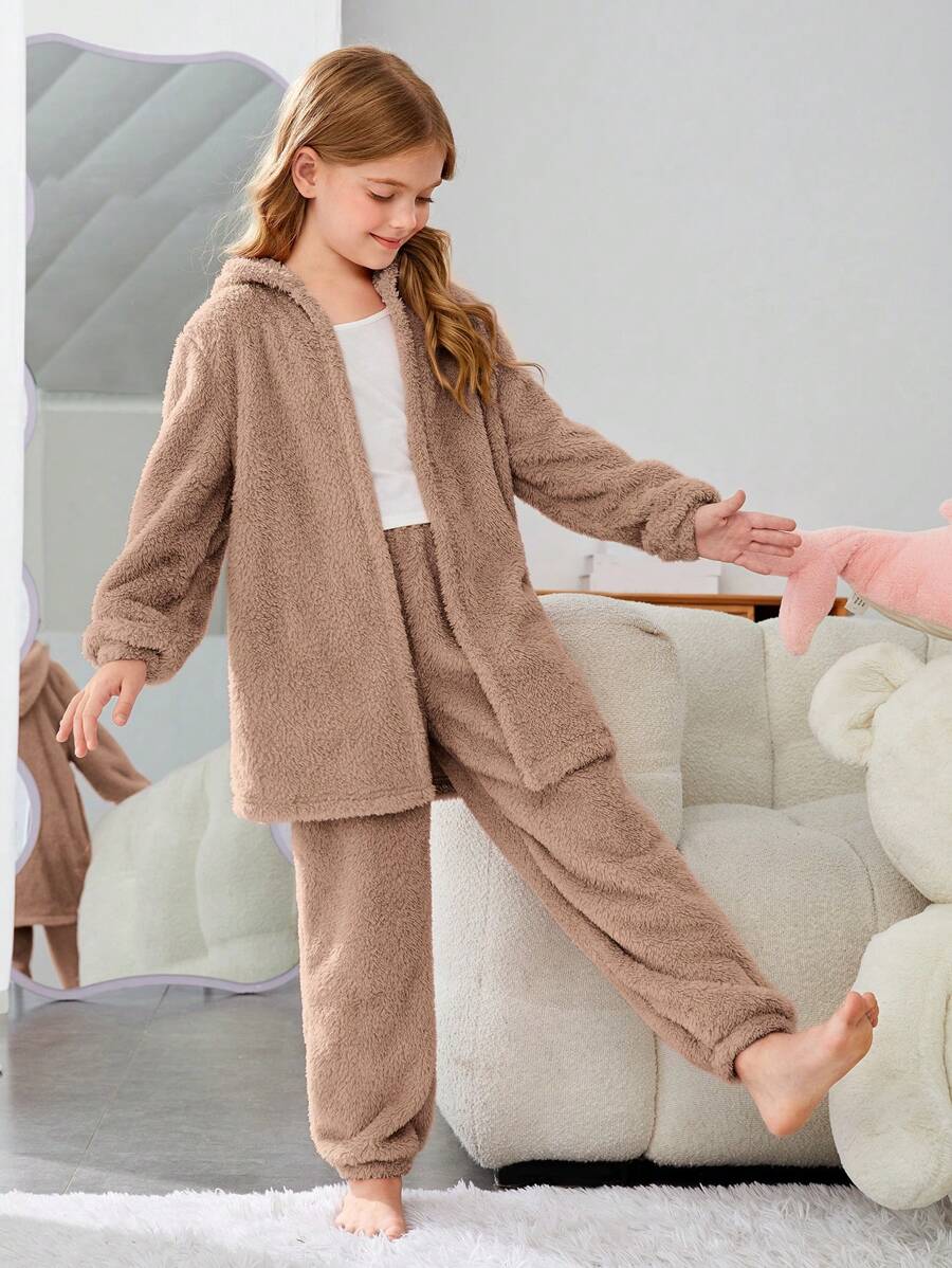 SHEIN Girls' Fleece Solid Color Leisure Homewear Set | SHEIN UK