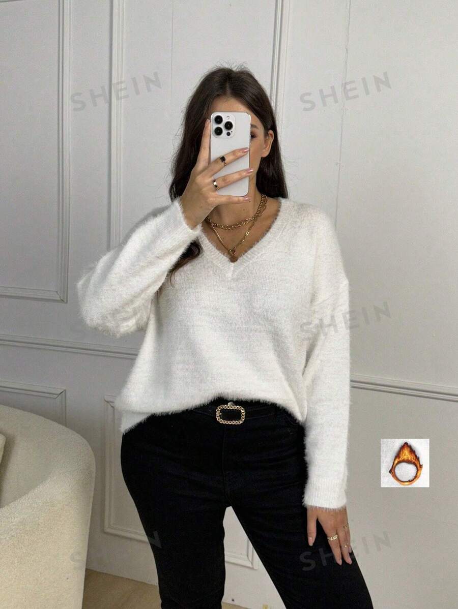 SHEIN LUNE Plus Drop Shoulder Fluffy Knit Sweater | SHEIN South Africa