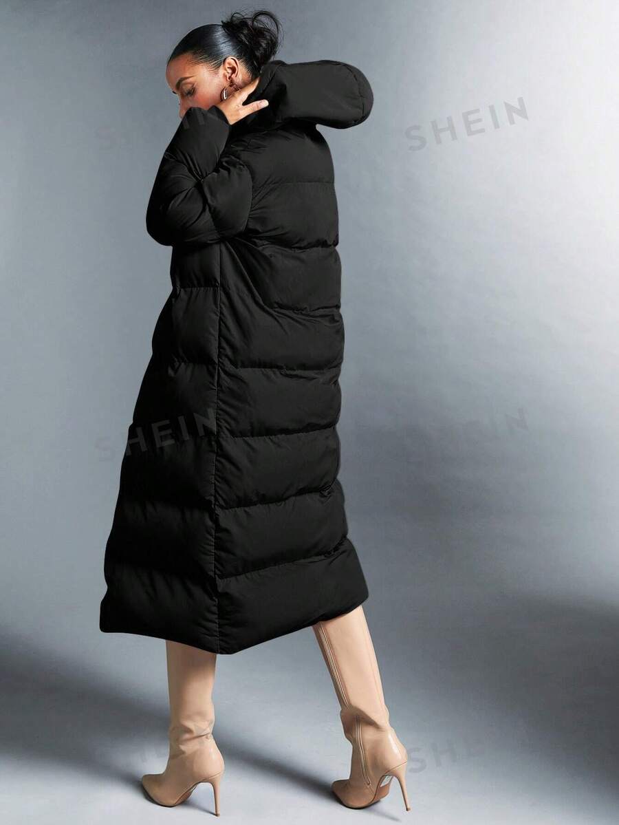 SHEIN BAE Solid Zip Up Hooded Longline Puffer Coat | SHEIN UK
