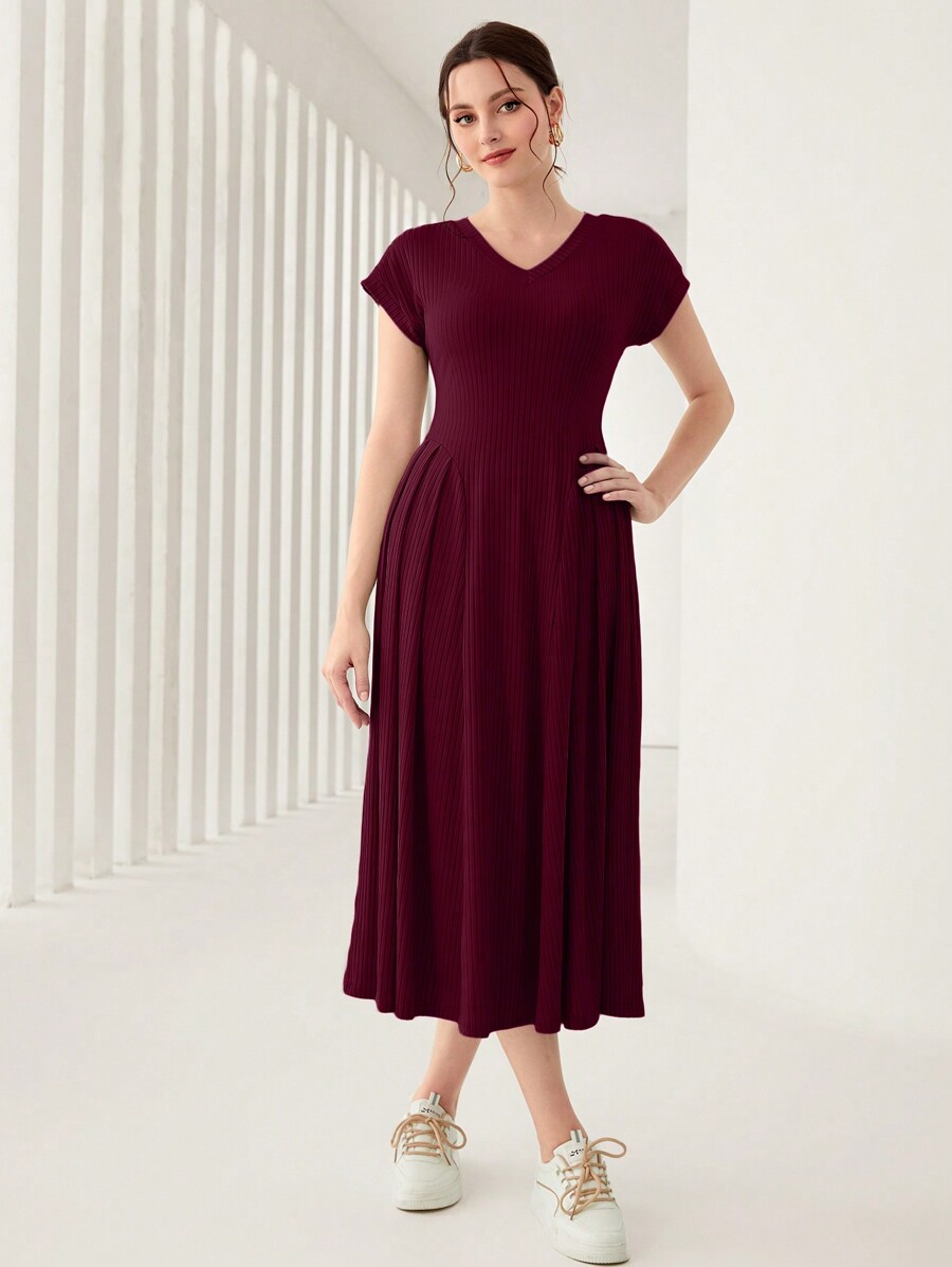 SHEIN Mulvari Burgundy Red V-Neckline Ribbed Bodycon Dress Maxi Women ...
