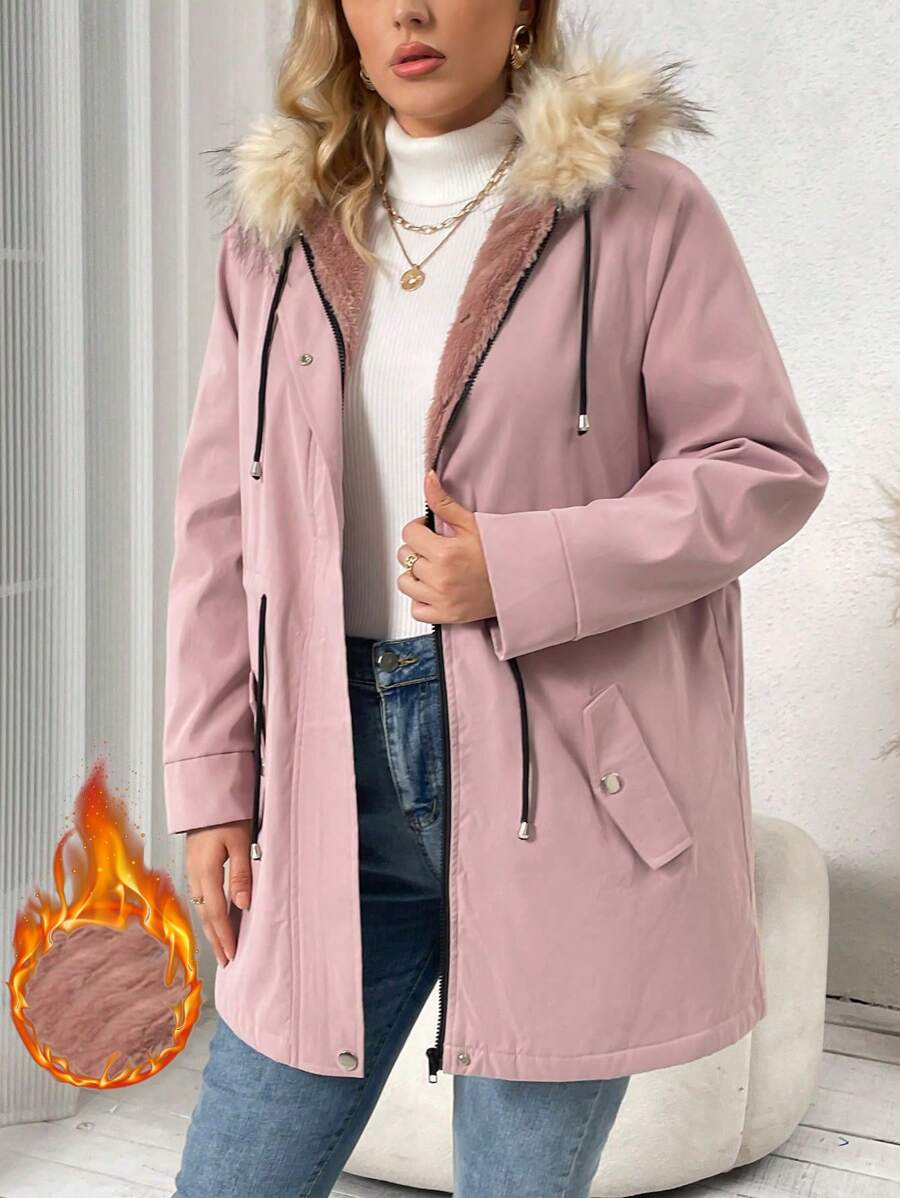 SHEIN Frenchy Plus Fuzzy Trim Drawstring Hooded Teddy Lined Parka Coat, For Winter | SHEIN UK
