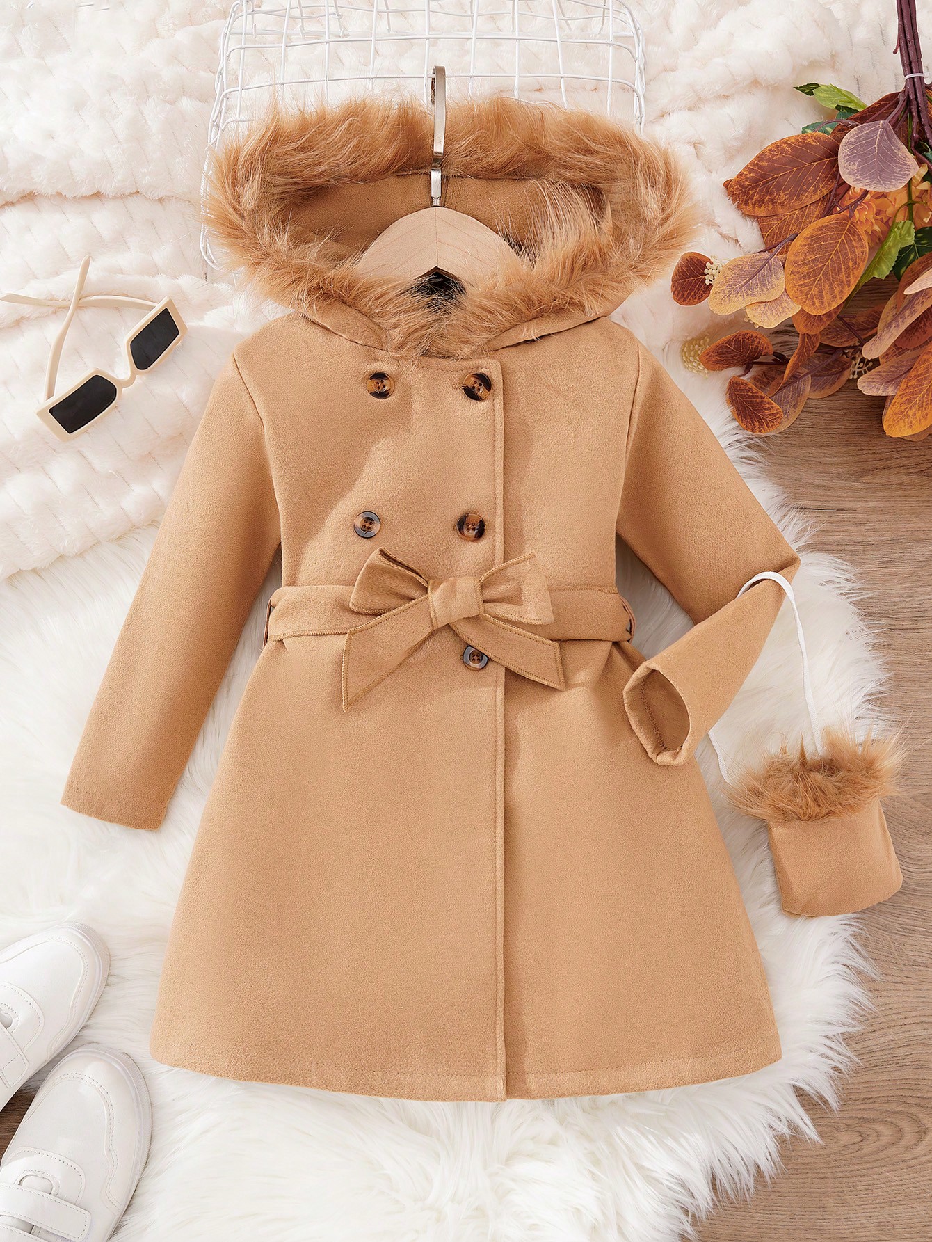 SHEIN Little Girls' Double-breasted Woolen Coat With Fur Collar, Hood ...