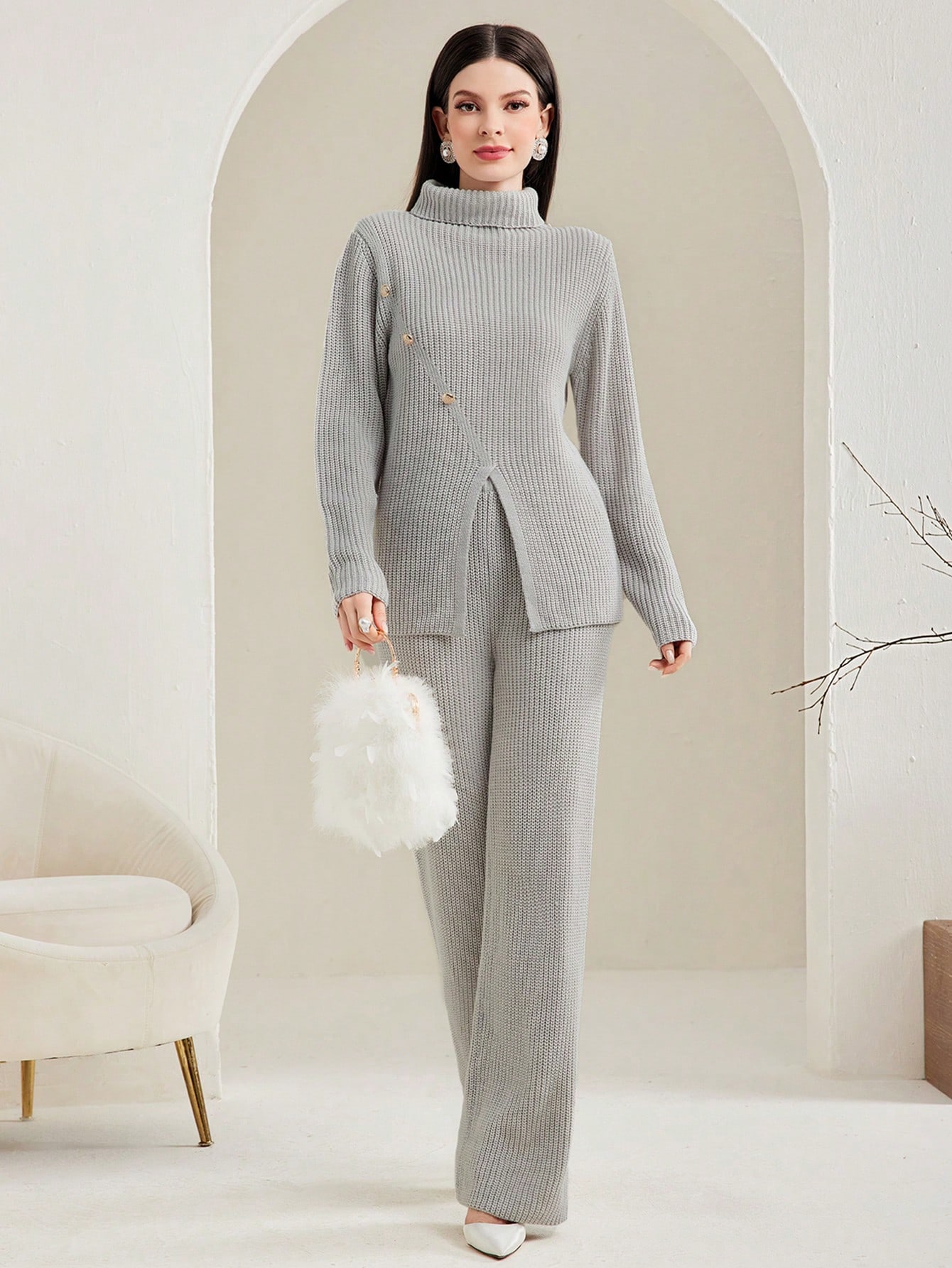 SHEIN Mulvari Solid Color High Neck Button Detail Split Hem Sweater And ...