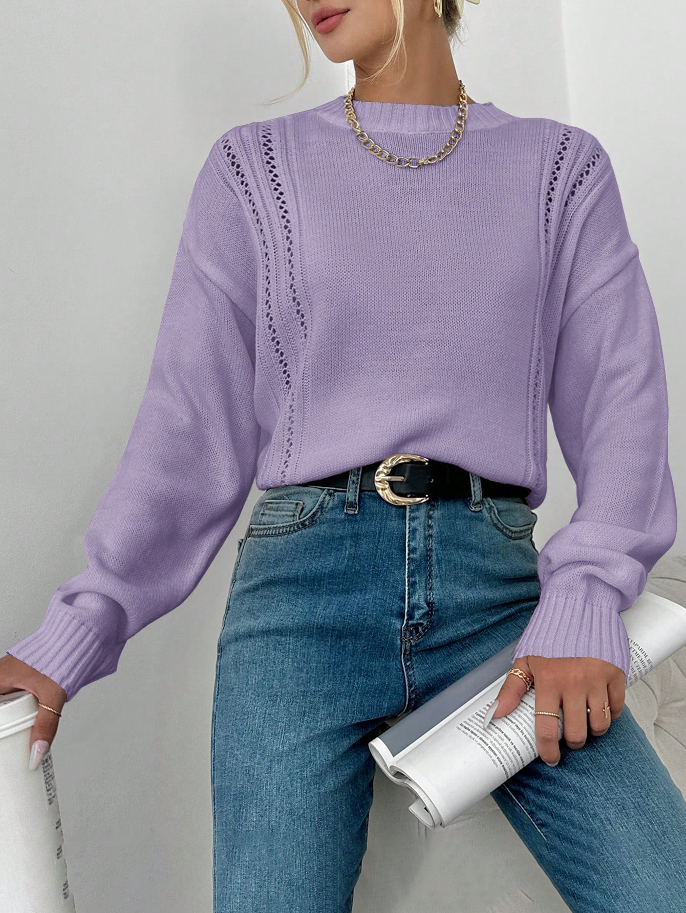 SHEIN Pull Violet Coupe Ample Pour Femme Avec Motif Évidé | Mode en ...