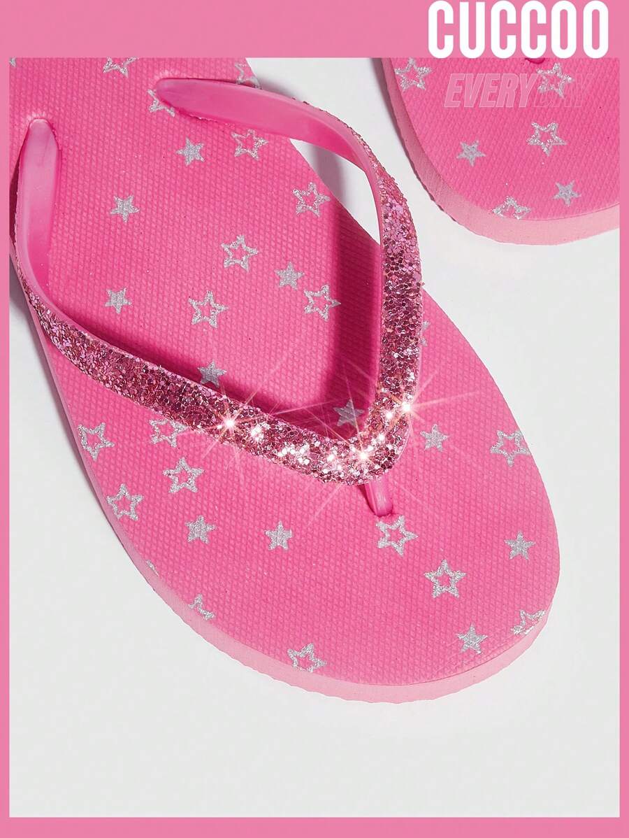 Cuccoo Easi Woman Shoes Star Pattern Vacation Glamorous Hot Pink Glitter Flip Flops For Spring