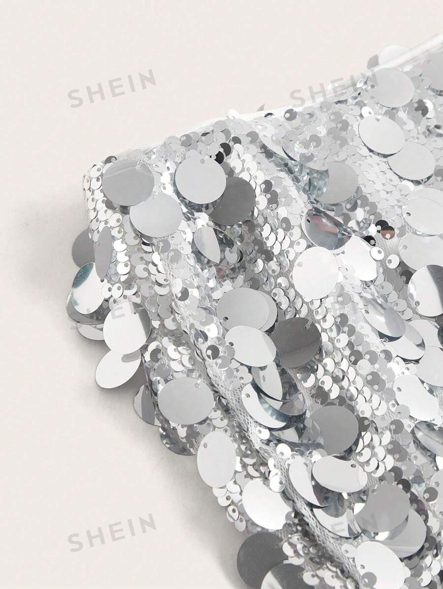 SHEIN ICON Silver Low Rise Sequin Decor Bodycon Mini Skirt | SHEIN UK