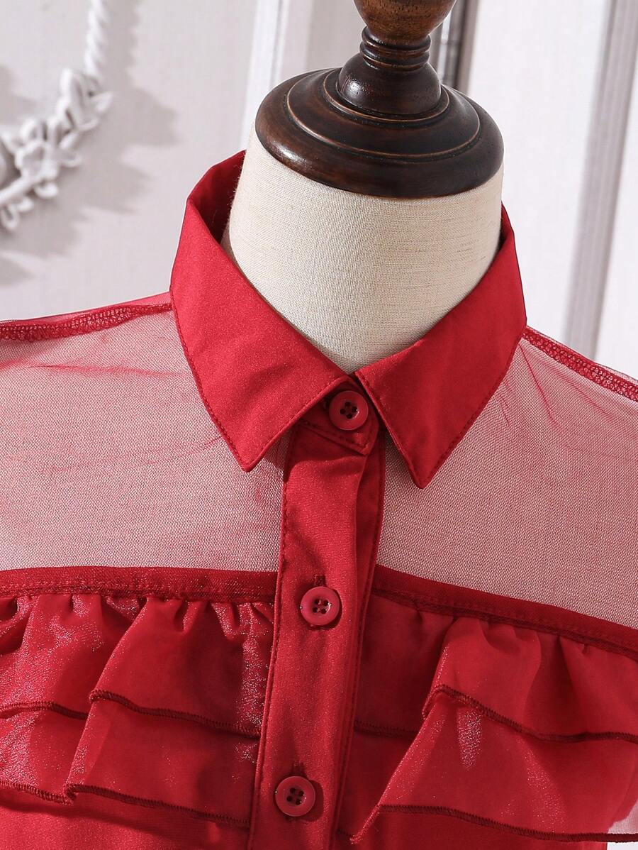 SHEIN Tween Girl Red Double Layered Dress With Mesh Collar, Bow ...