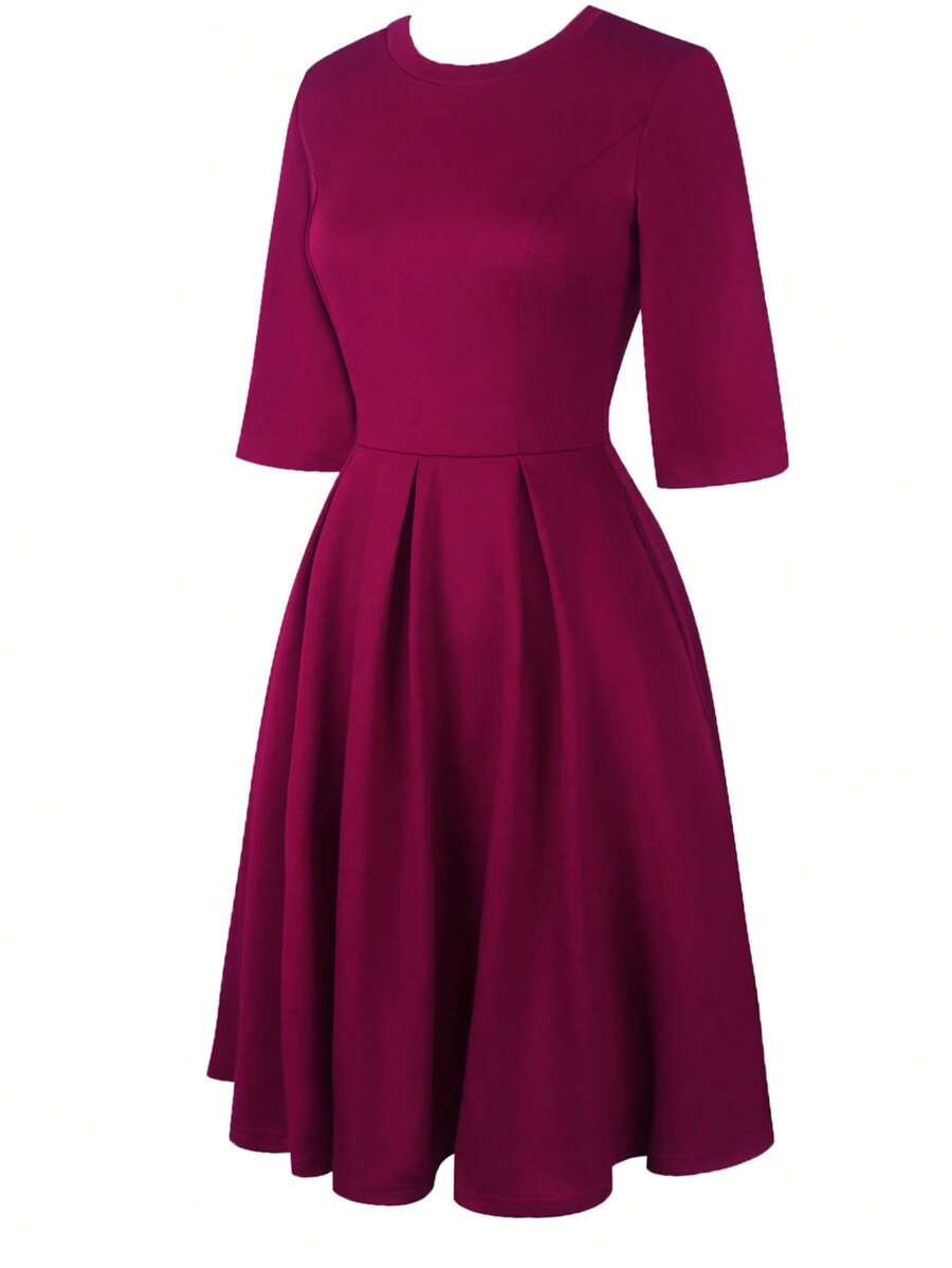 Women's Red Solid 3/4 Sleeve Cocktail Swing Vintage Dress With Pockets ...
