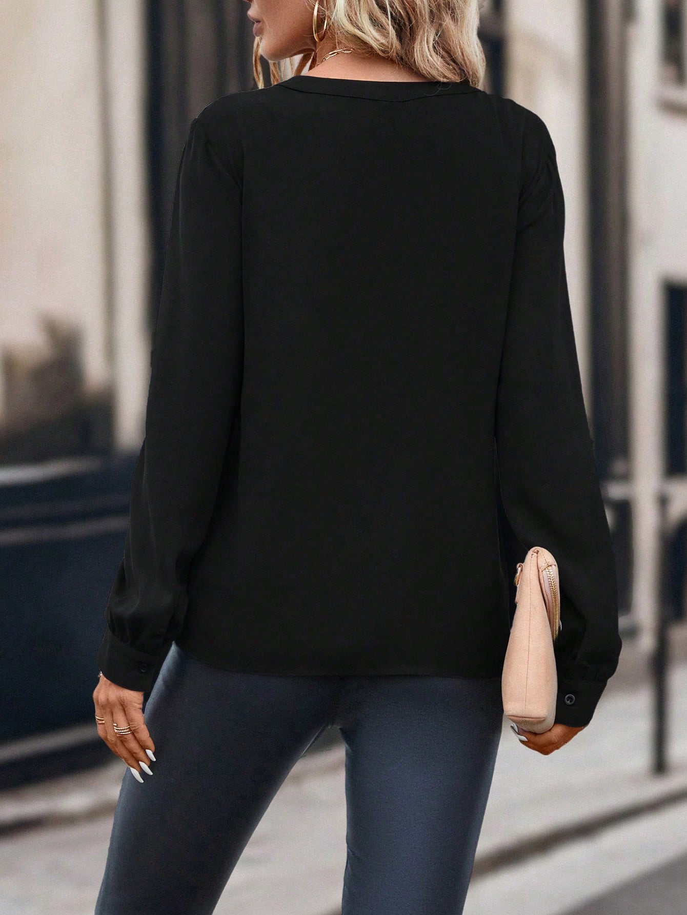 Shein Lune Contrast Tape Notched Neckline Lantern Sleeve Blouse Shein Usa