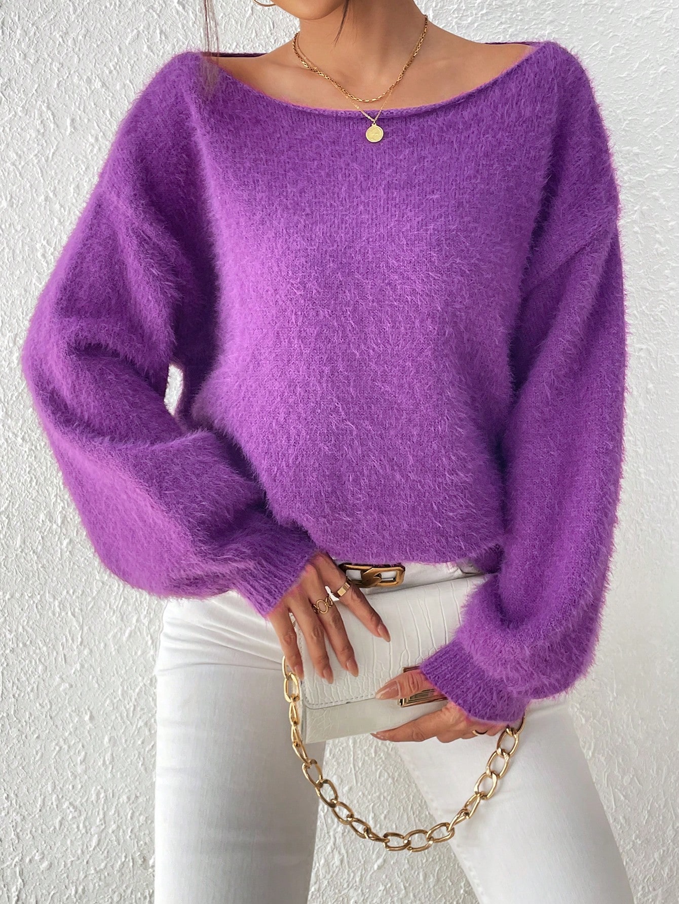 SHEIN LUNE Boat Neck Drop Shoulder Fuzzy Sweater | SHEIN USA