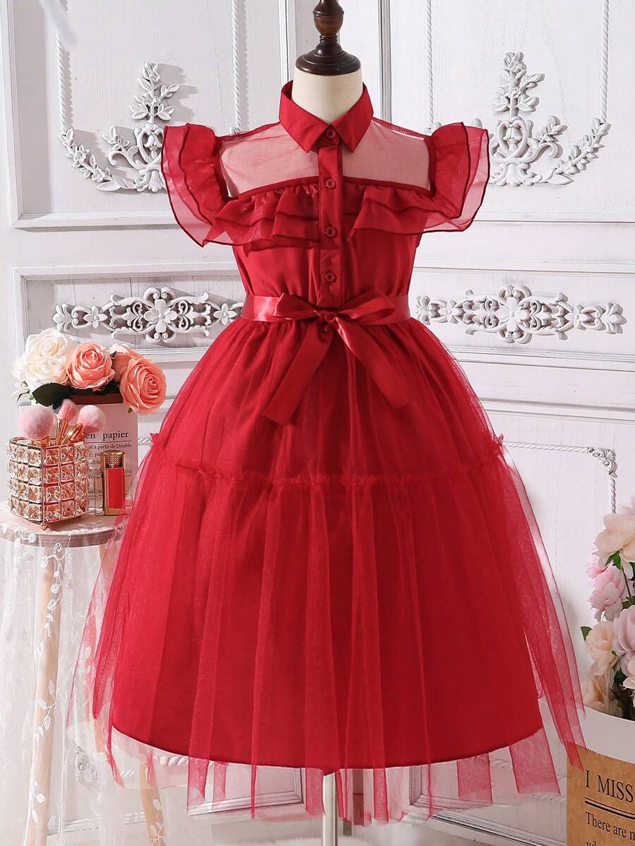 SHEIN Tween Girl Red Double Layered Dress With Mesh Collar, Bow ...
