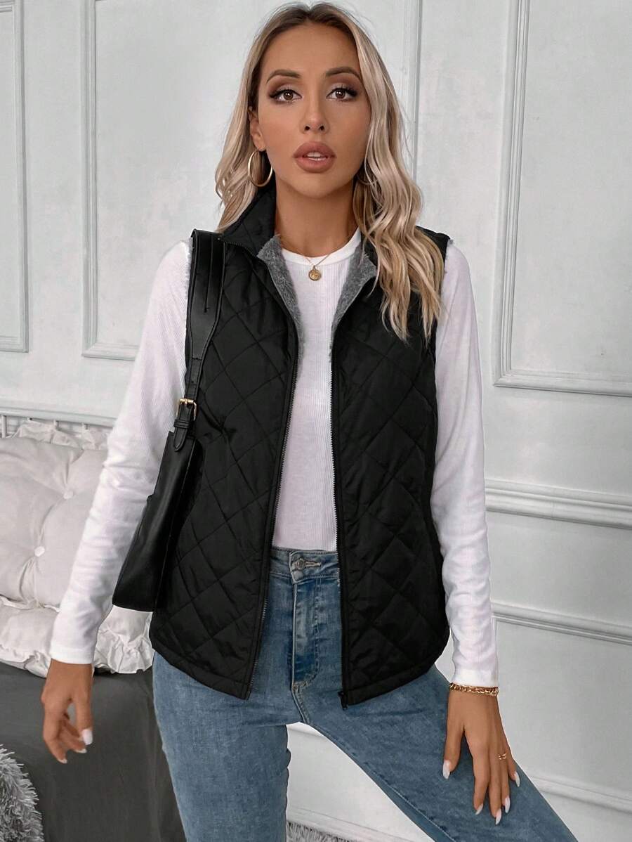 SHEIN LUNE Zip Up Teddy Lined Vest Quilted Coat | SHEIN USA