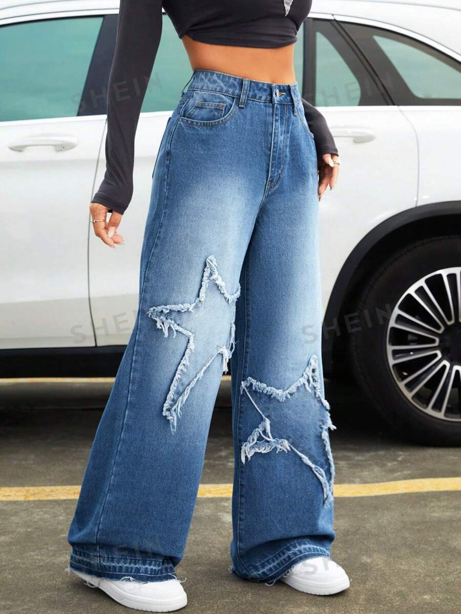 SHEIN ICON Women's Loose Fit Jeans With Star Pattern Print | SHEIN USA