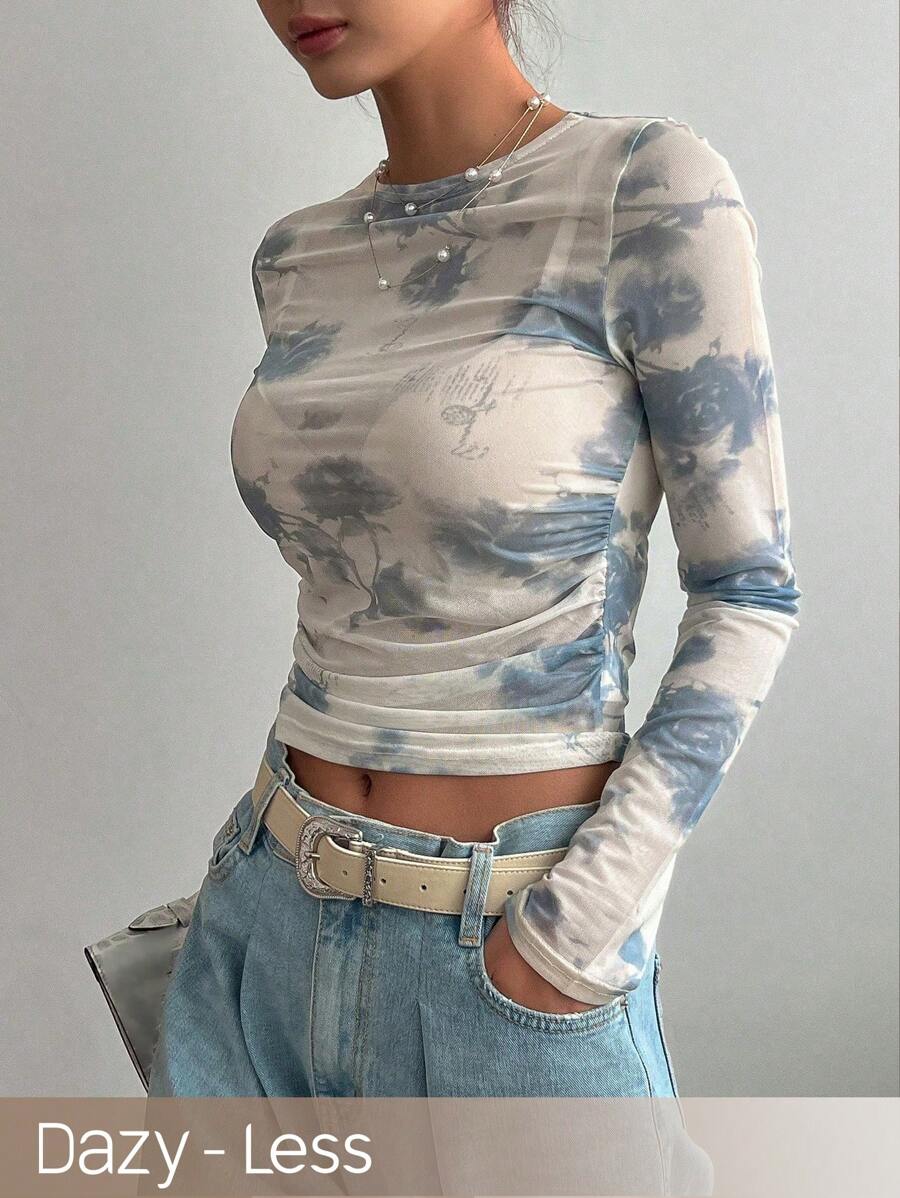 DAZY Floral Print Ruched Side Chiffon Crop Top Without Bra Festival Long Sleeve Women Tops ...