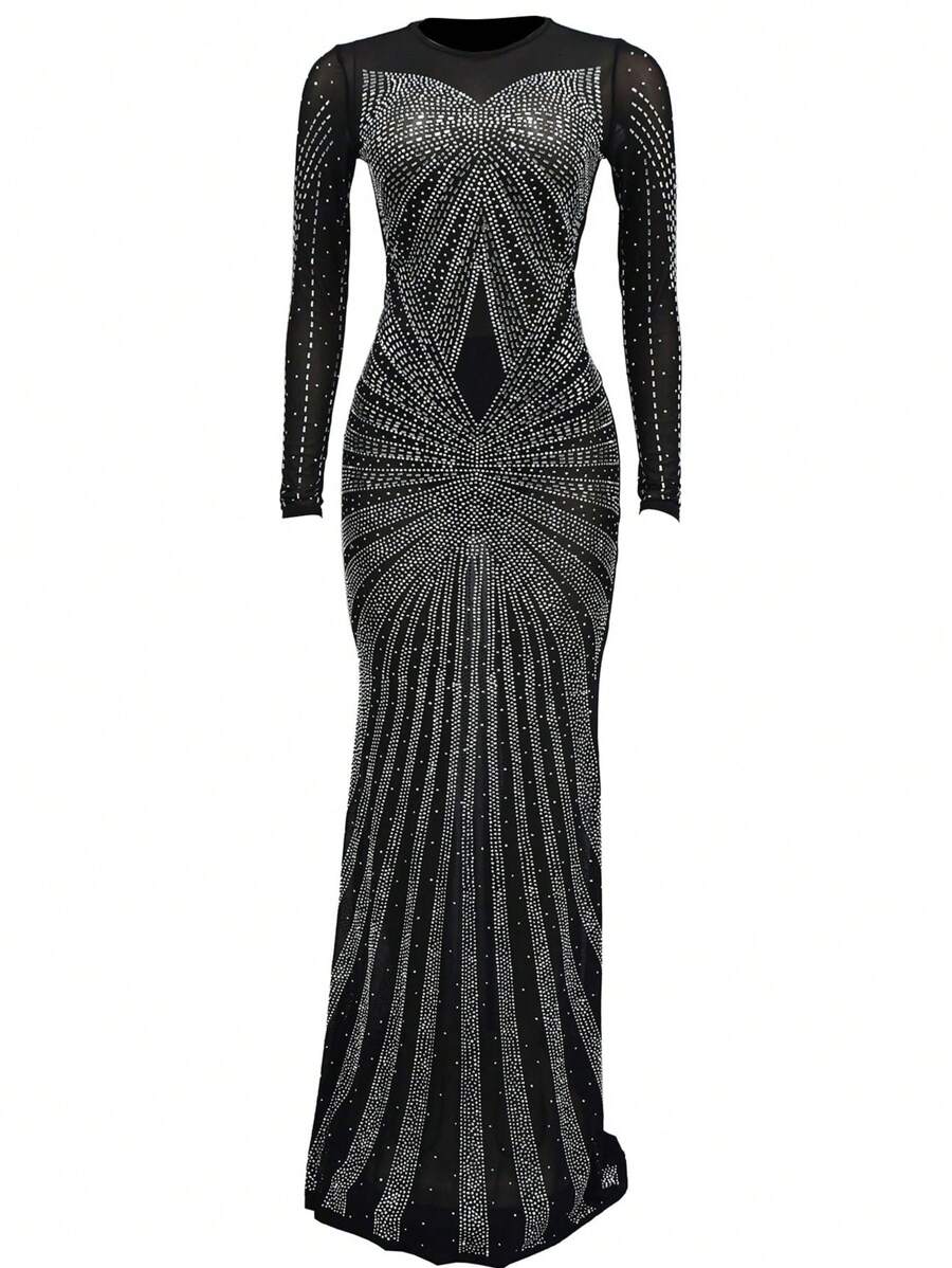 Women's Mesh Sheer Sparkling Rhinestone Long Sleeve Fishtail Floor Slim ...