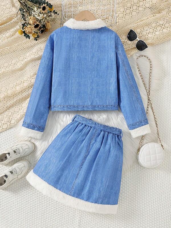 SHEIN Kids HYPEME Girls' Denim-leather Mixed Print Jacket And Skirt Set ...