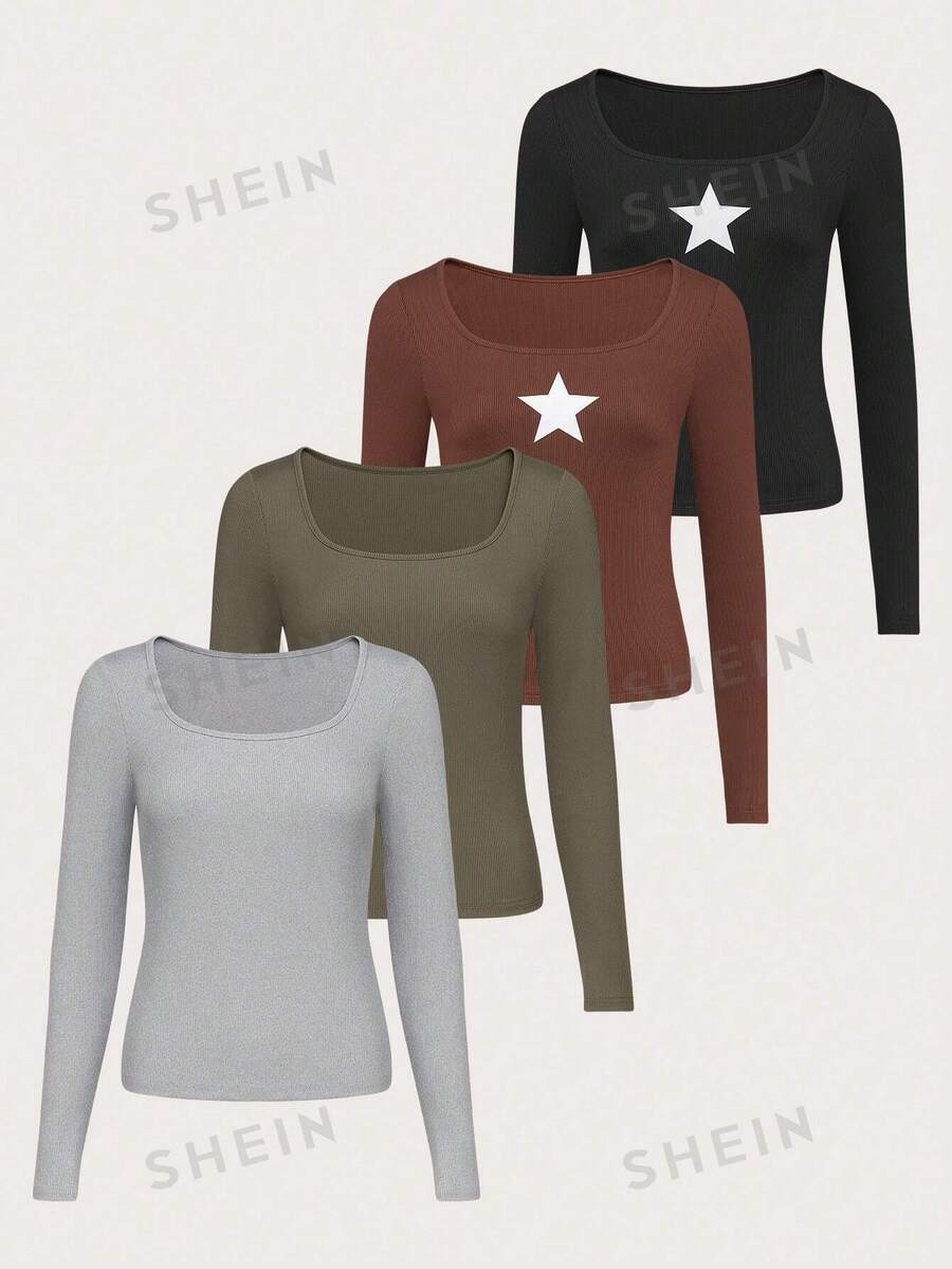 SHEIN EZwear Geometric Pattern Long Sleeve T-shirt | SHEIN UK