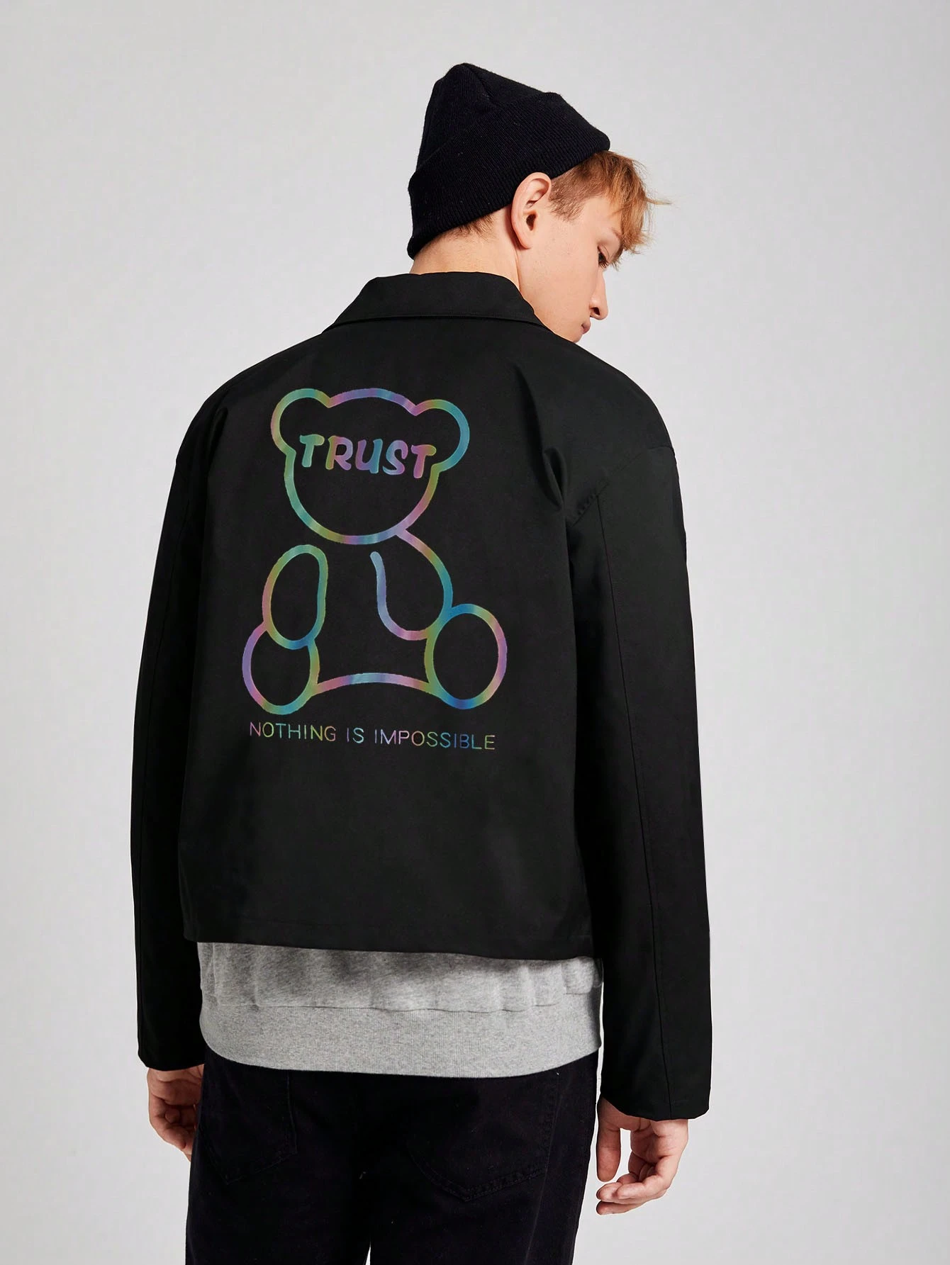 Manfinity EMRG Loose Fit Men's Jacket With Teddy Bear Print And Slogan ...