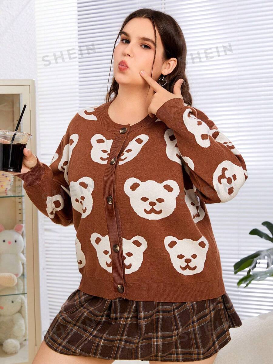SHEIN EZwear Plus Size Cardigan With Teddy Bear Pattern | SHEIN UK