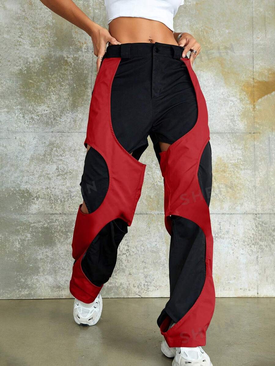 Colorblock Cut Out Straight Leg Pants | SHEIN USA
