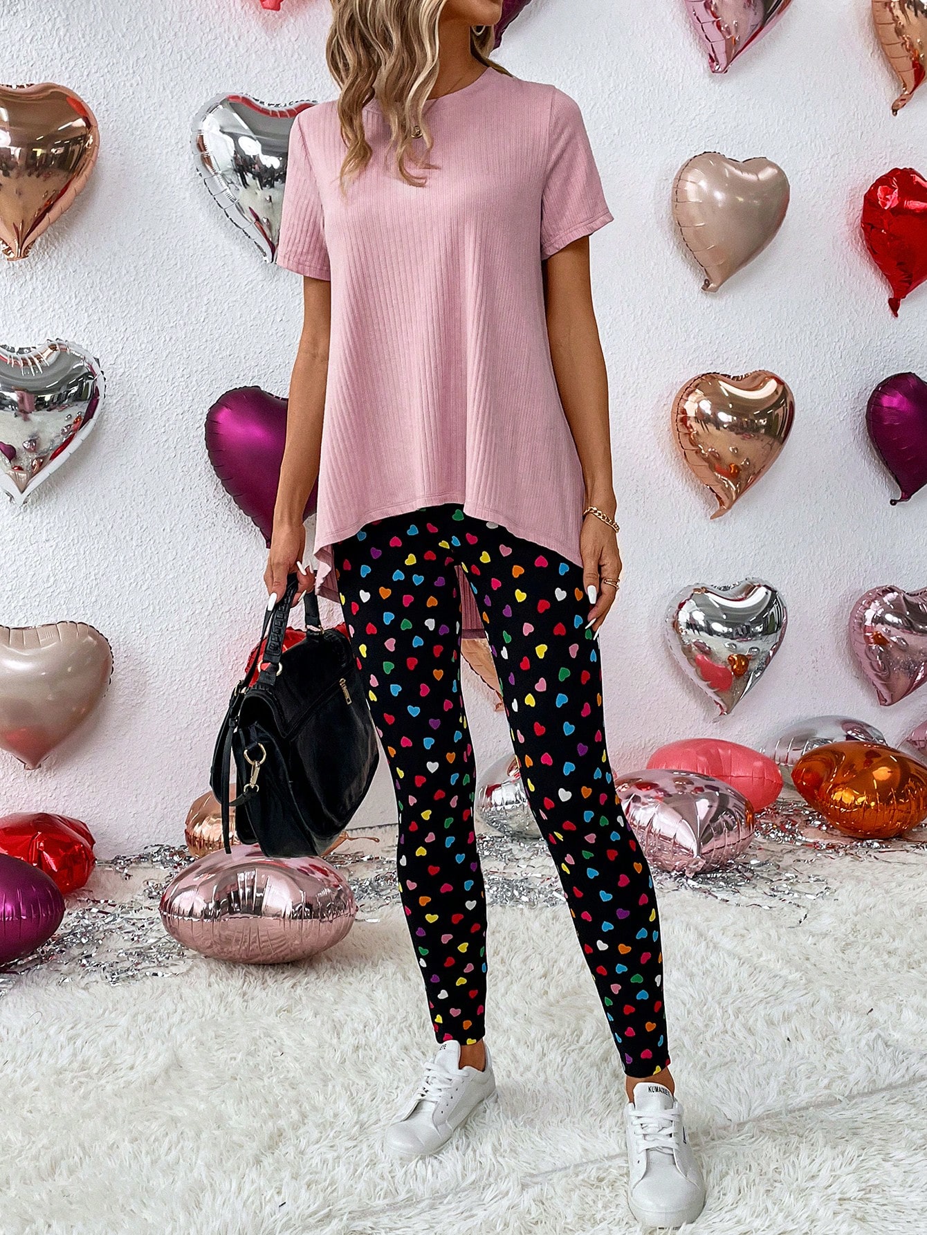 SHEIN LUNE Women's Plain T-shirt And Colorful Love Pattern Leggings ...