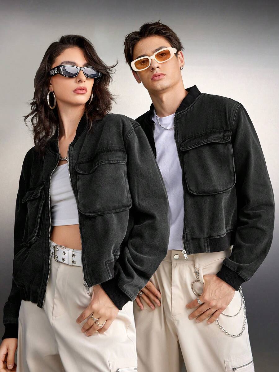 Manfinity Unisex Men's Loose Fit Cargo Zipper Denim Jacket With Pockets ...