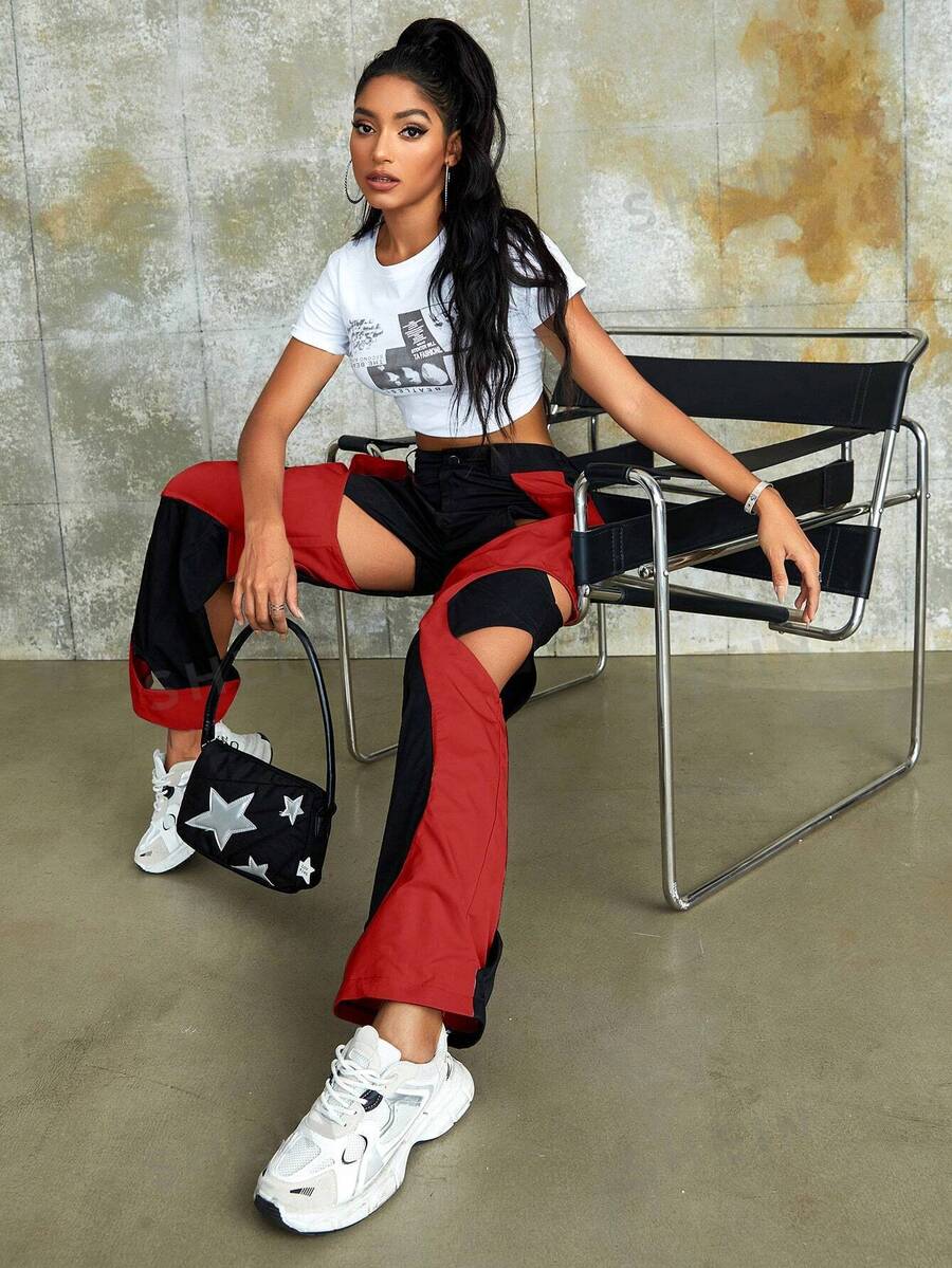 Colorblock Cut Out Straight Leg Pants | SHEIN USA