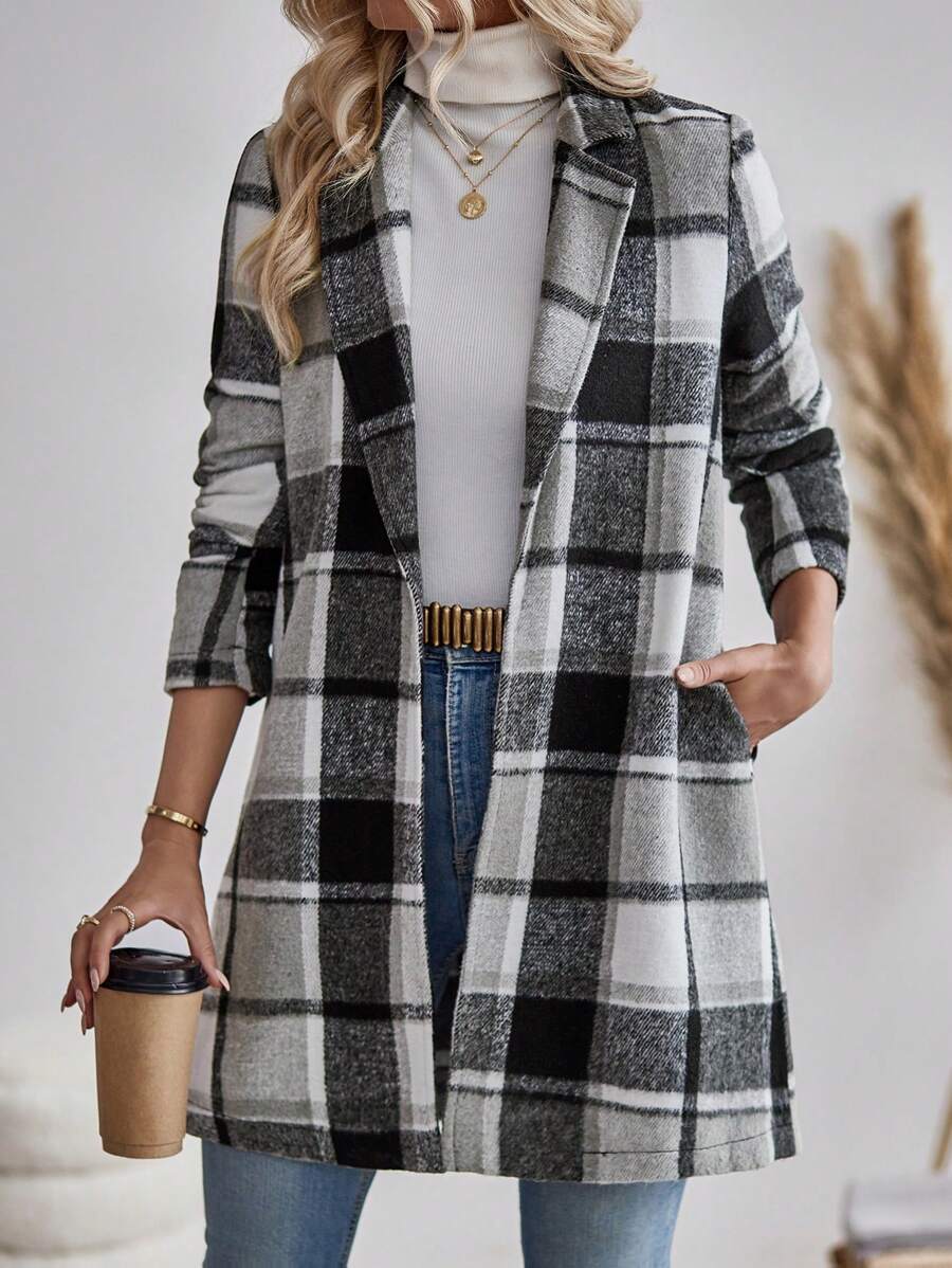 SHEIN LUNE Women's Plaid Woolen Coat With Suit Collar, Random Plaid ...