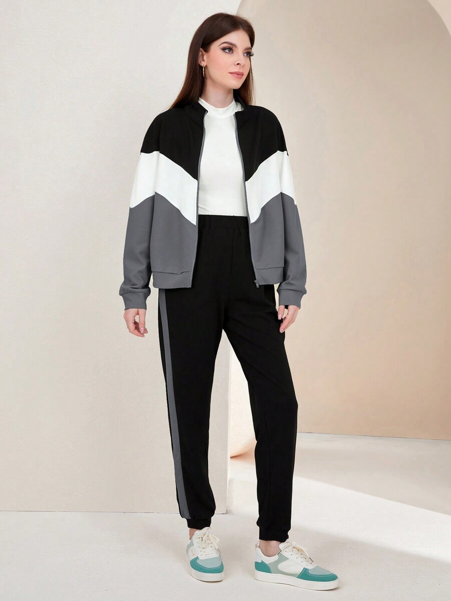 SHEIN Mulvari Ladies' Color Block Jacket And Pants Suit 2 Pieces Set ...