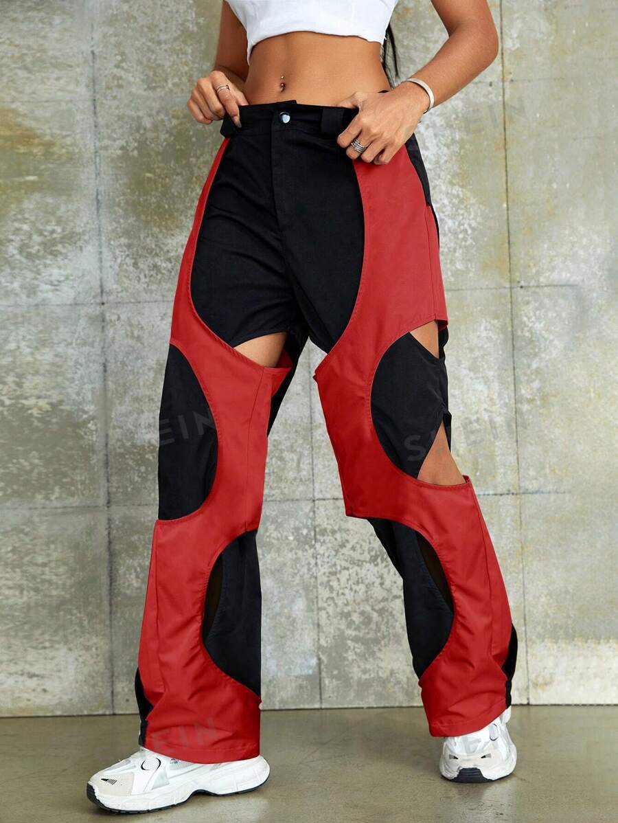 Colorblock Cut Out Straight Leg Pants | SHEIN USA