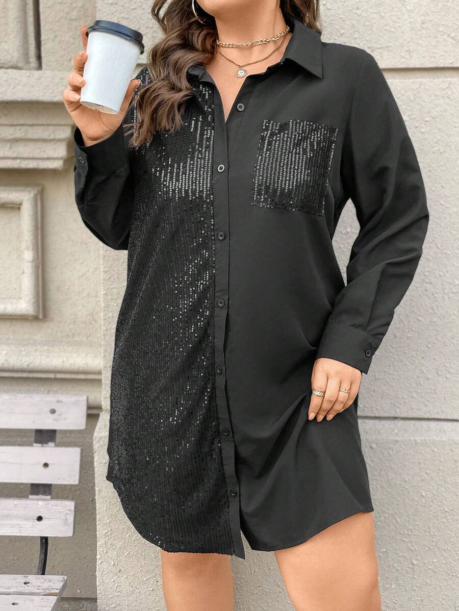 SHEIN LUNE Plus Size Women's Sequin Patchwork Shirt Dress | SHEIN USA