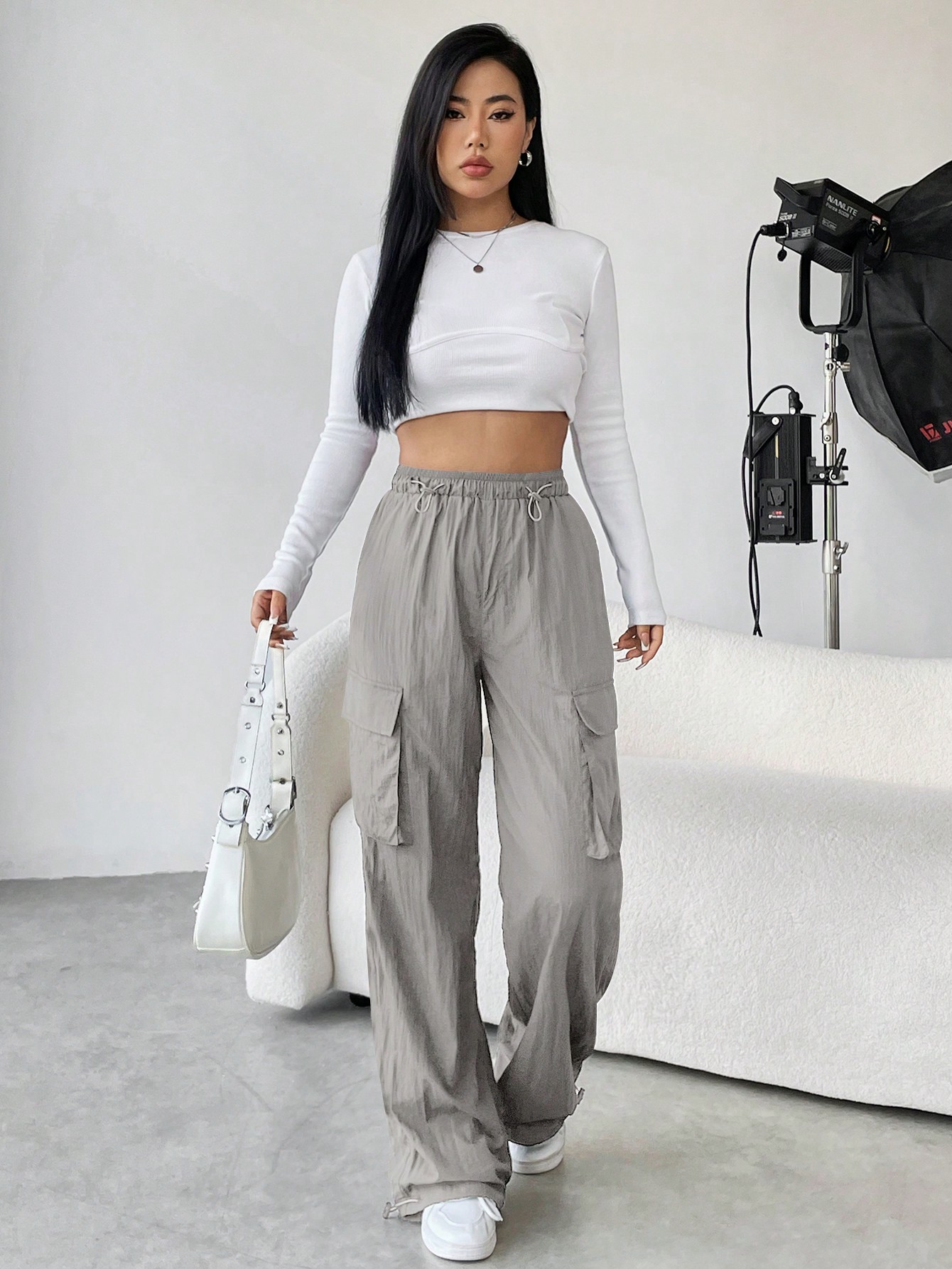 Women's Gray Drawstring Cargo Pants With Large Pockets | SHEIN USA