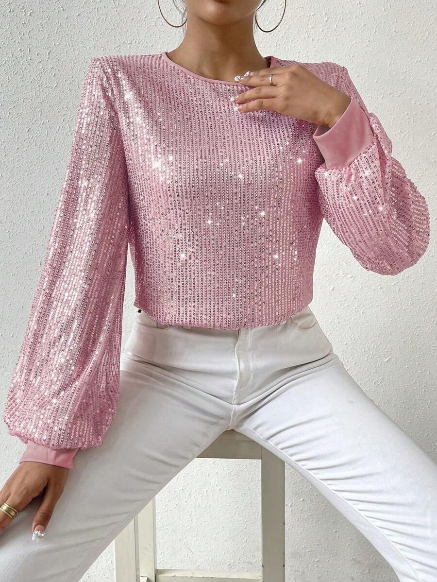 Chiquease Lantern Sleeve Sequined Blouse | SHEIN USA