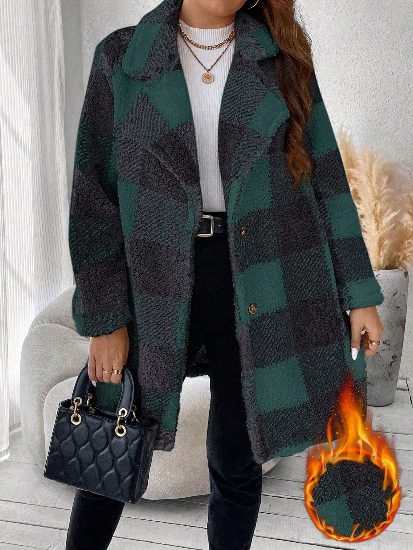 SHEIN Frenchy Women's Plus Size Plaid Long Coat With Shawl Collar And ...