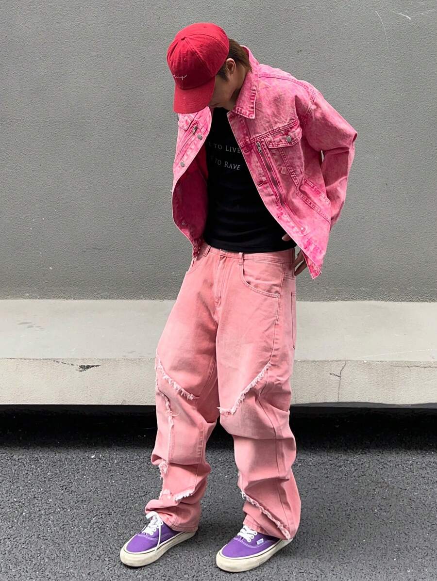 Manfinity EMRG Men's Frayed Hem Loose Fit Jeans Baggy Long Distressed Light Jean Cargo Plain ...