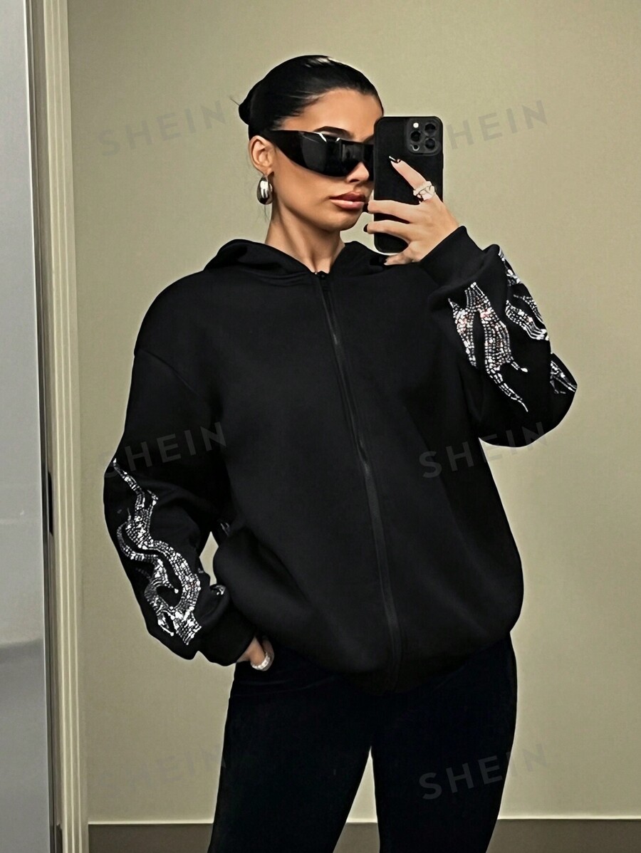 SHEIN ICON Zip Up Hoodie Spring Black Loose Fit Long Hoodie With Flame ...