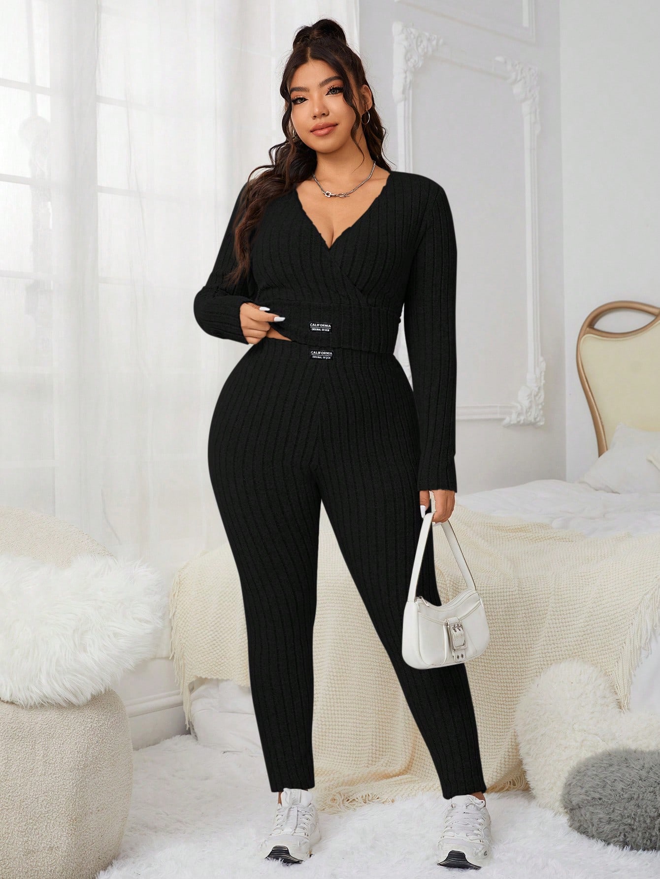SHEIN EZwear Vrouwen Grote maten Patchdetail Tops En Leggings Sets ...