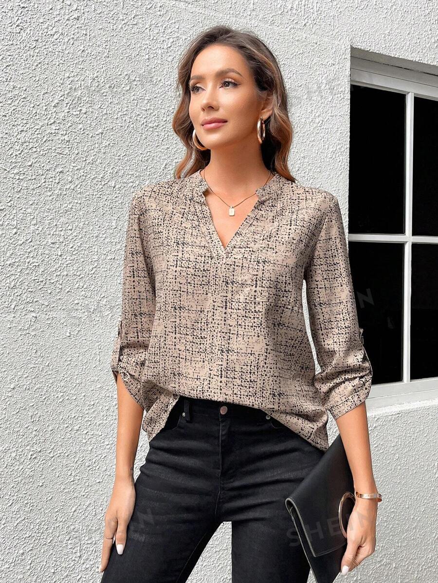 EMERY ROSE Women's Spring Full Print Notch Neck 3/4 Sleeve Shirt ...