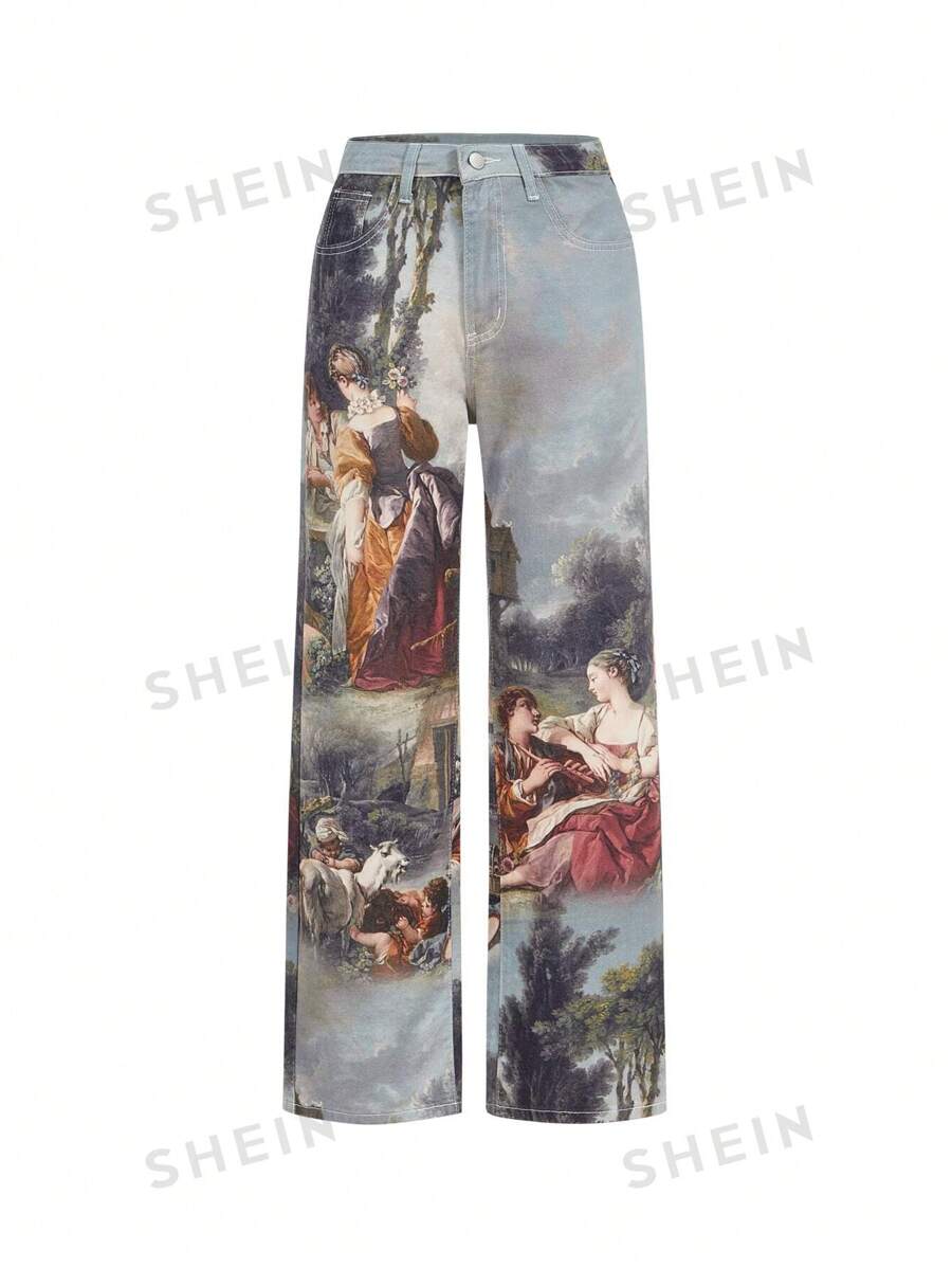 SHEIN MOD Figure & Plant Print Wide Leg Jeans | SHEIN UK