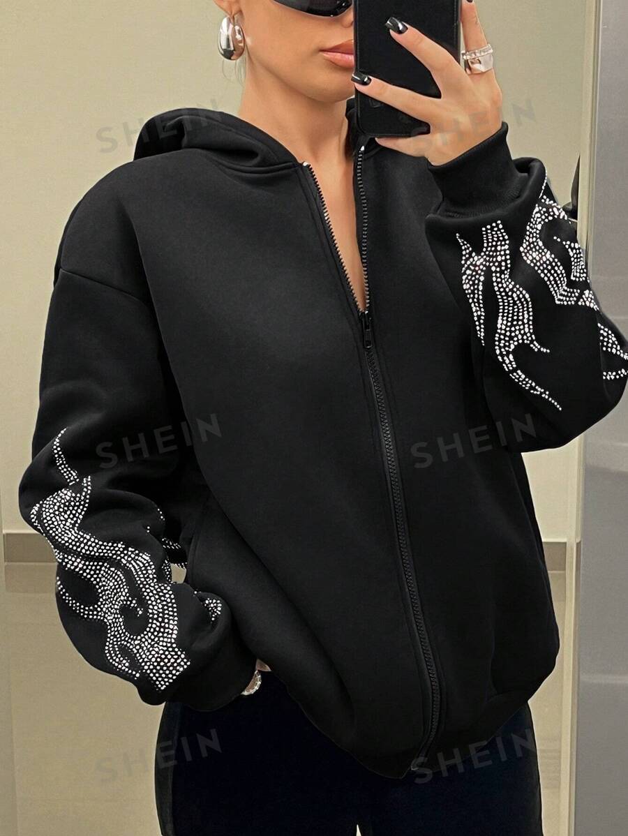 SHEIN ICON Zip Up Hoodie Spring Black Loose Fit Long Hoodie With Flame ...