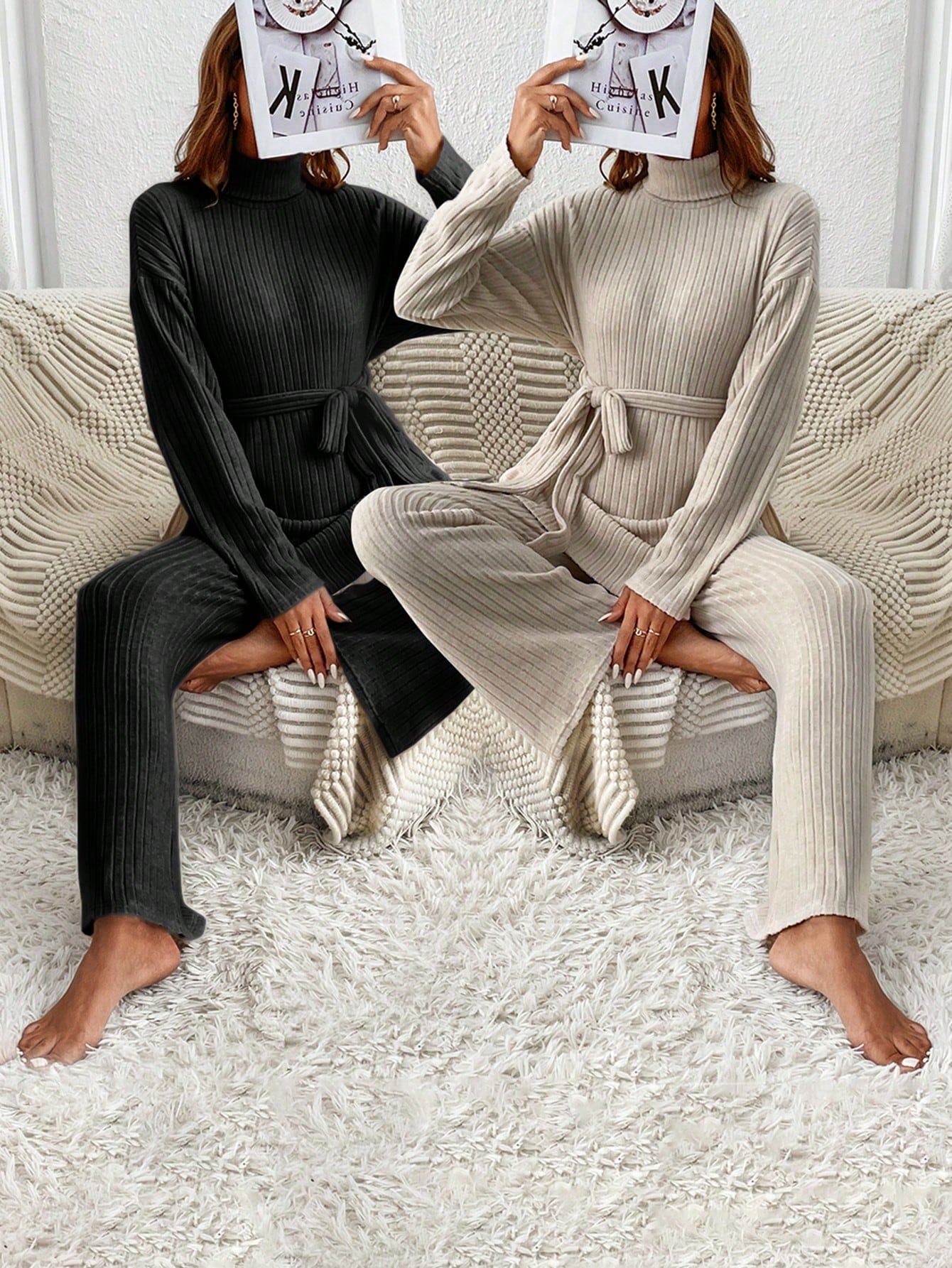 SHEIN Frenchy 2 Sets Solid Color High Neck Drop Shoulder Ribbed Knit ...