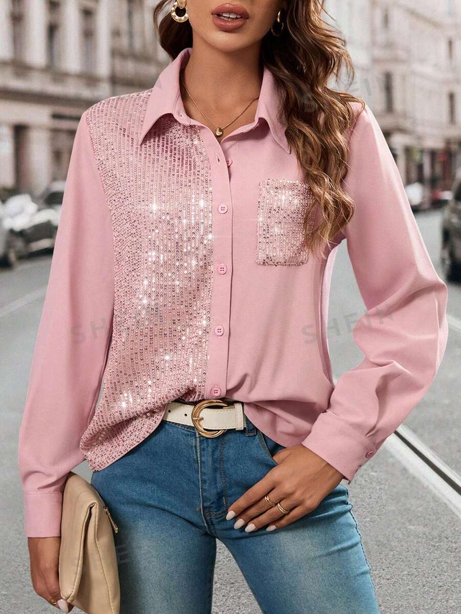 SHEIN Clasi Women's Sequined Patchwork Shirt With Pocket | SHEIN USA
