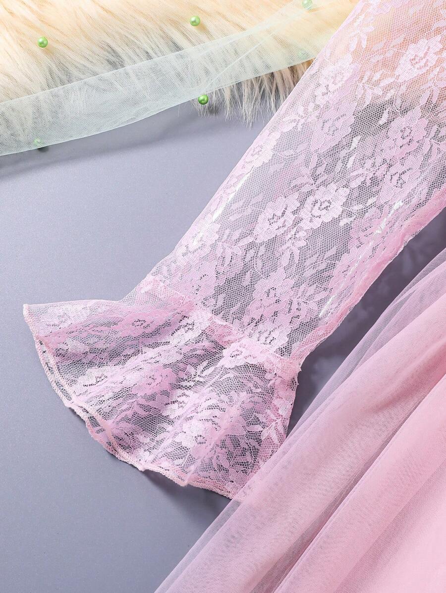 SHEIN Tween Girl Elegant Lace Transparent Long Sleeve Dress With ...