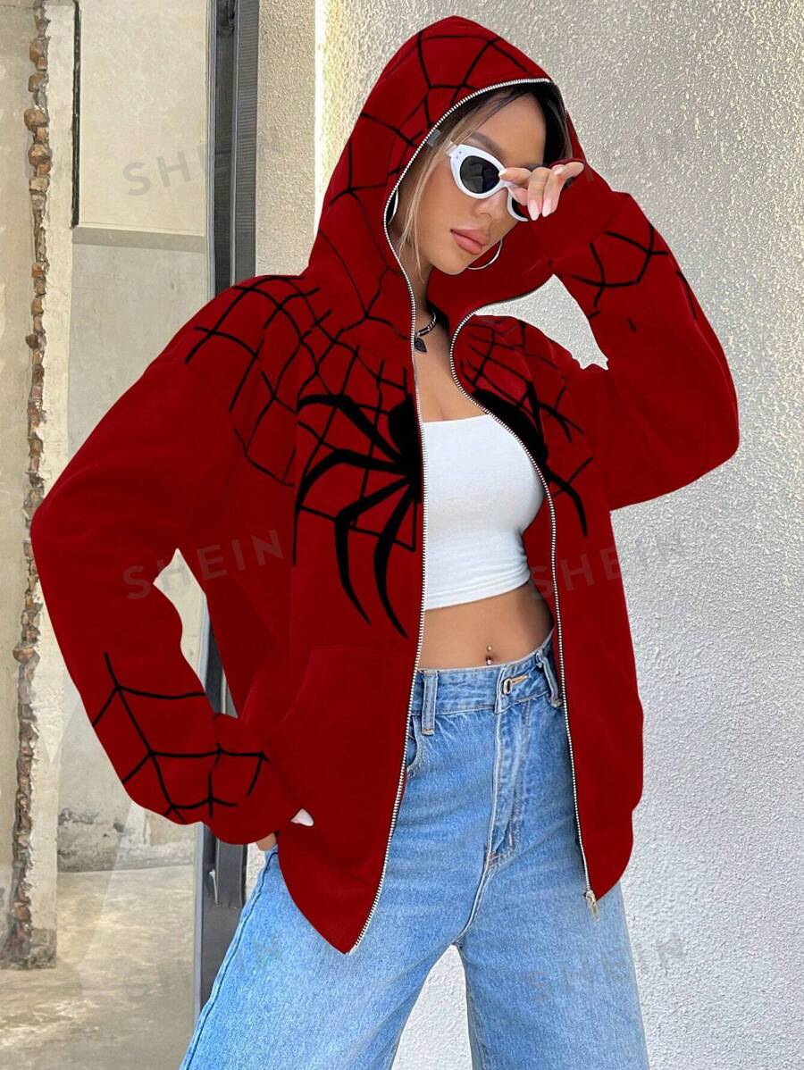 SHEIN Coolane Women's Spider Printed Full Zip Hoodie | SHEIN Singapore