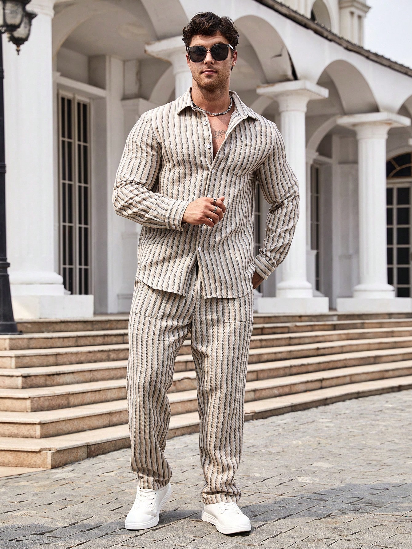 SHEIN Manfinity Homme Conjunto De Camisa Y Pantalón De Rayas Para ...