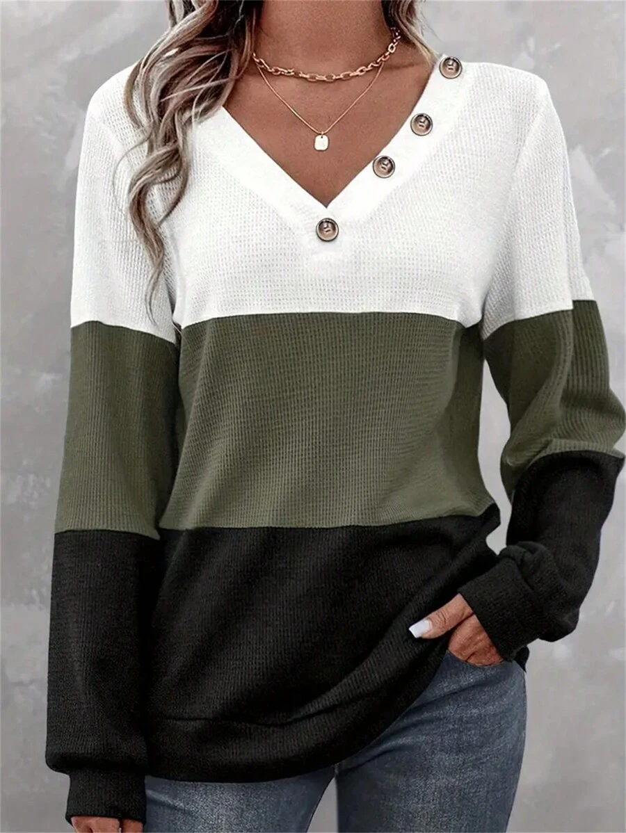 INAWLY Plus Size Women's Color-Block Button Decorated T-Shirt, For ...